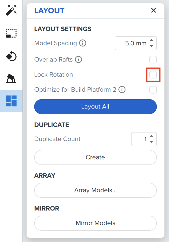 Automatic layout settings for SLA printing